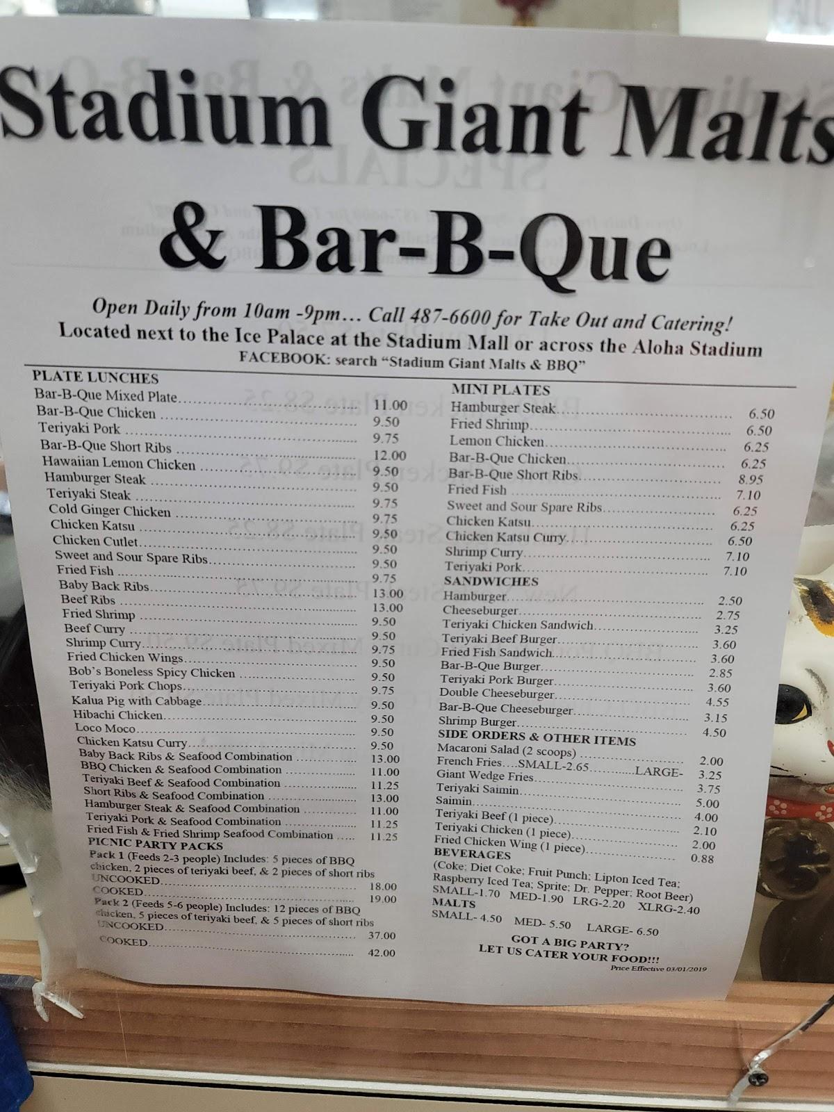 Menu at Stadium Giant Malts & Bar-B-Que, Honolulu