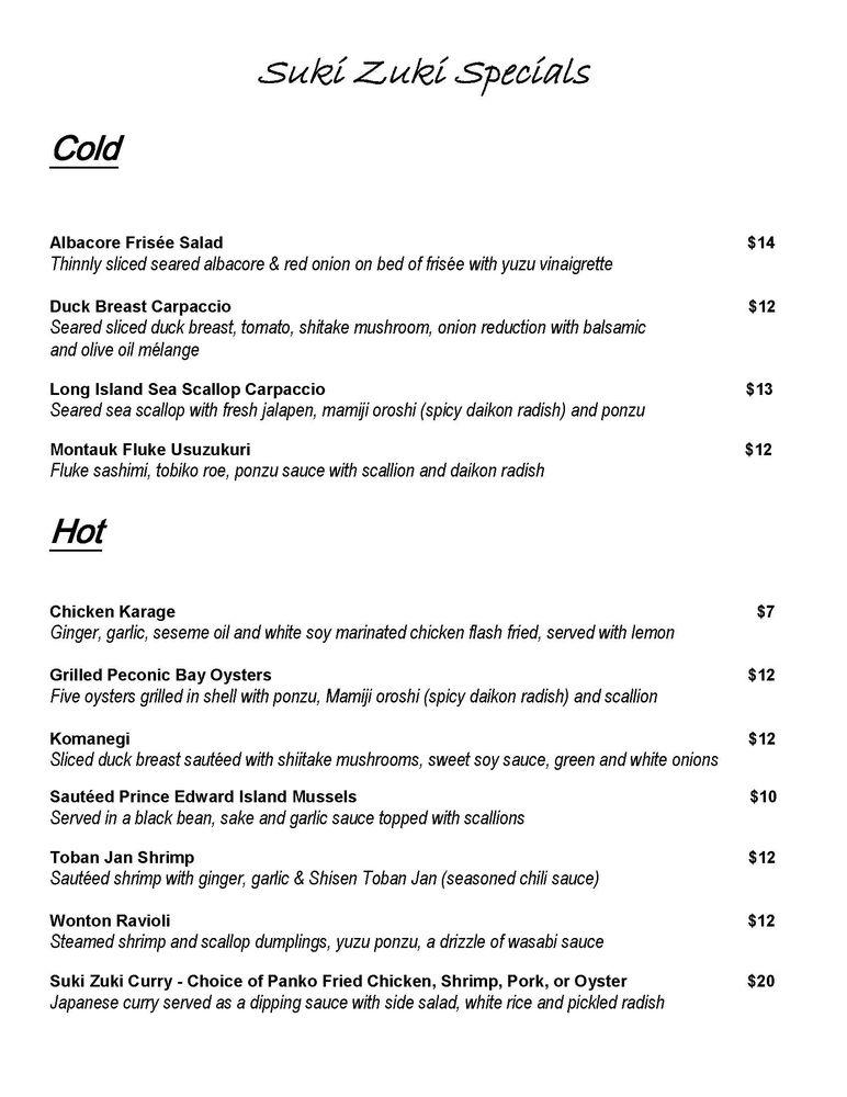 Menu at Suki Zuki restaurant, Water Mill