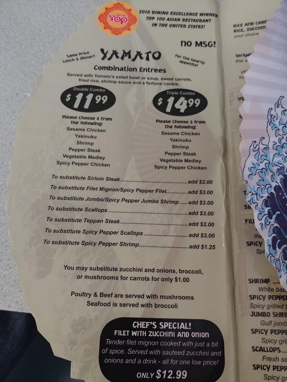 Menu at Yamato Japanese Steakhouse, Johnson City