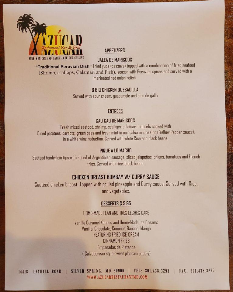 Menu at AZUCAR RESTAURANT, Wheaton-Glenmont