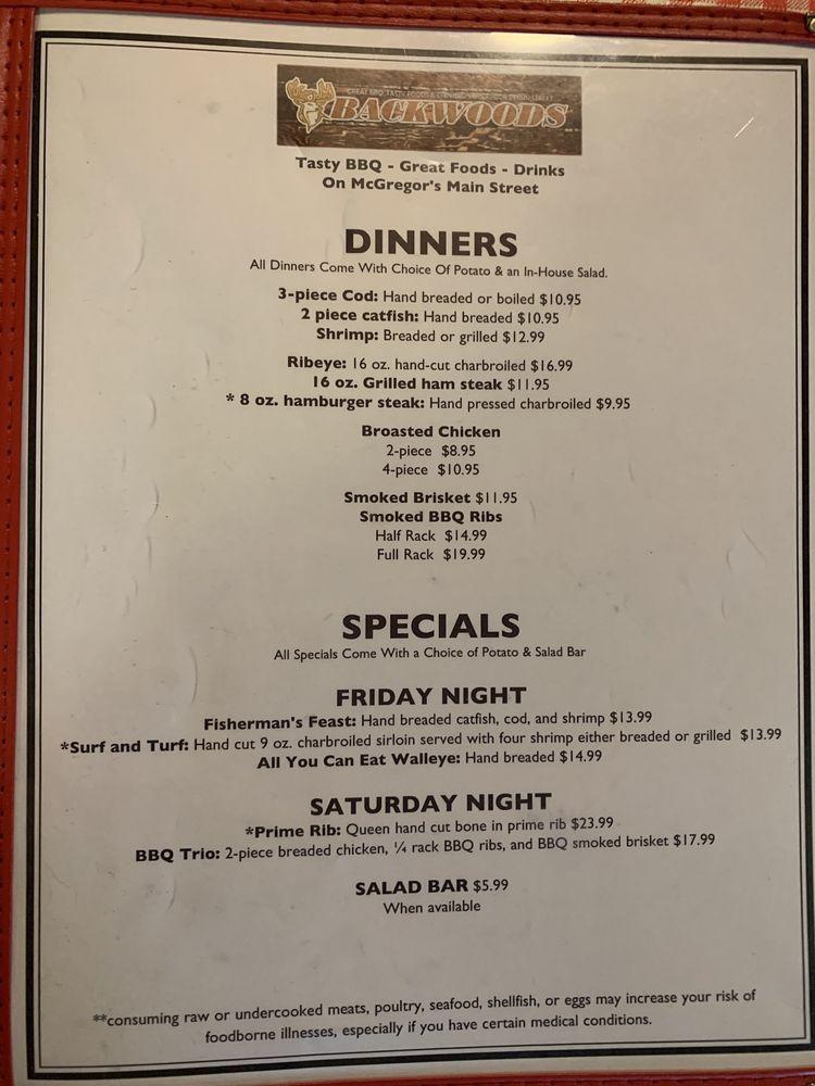 Menu at Backwoods Bar & Grill, McGregor