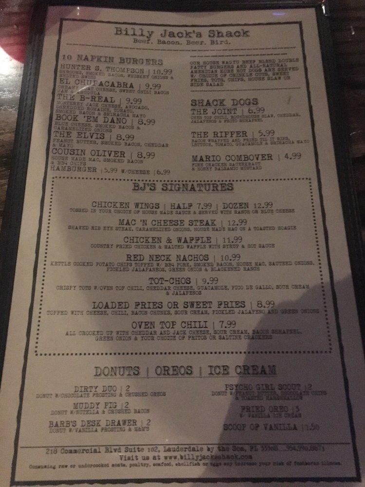 Menu at Billy Jack's Shack restaurant, Lauderdale-by-the-Sea
