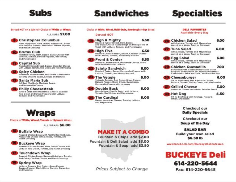 Menu at Buckeye Deli restaurant, Columbus, 150 E Gay St