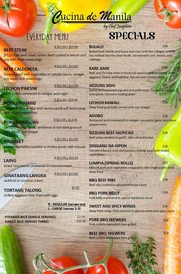 Menu at Cucina de Manila restaurant, Rooty Hill