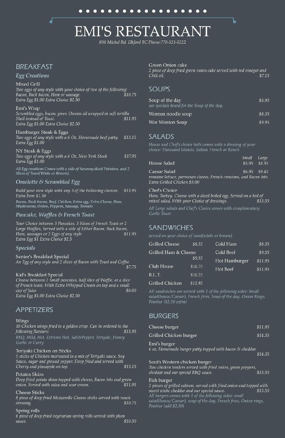 Menu at Emi's Restaurant, Elkford
