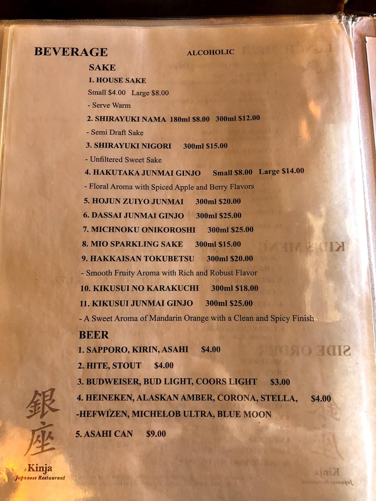 Menu at Kinja Japanese Restaurant, Yelm