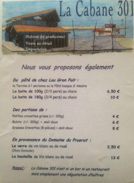 Menu at La Cabane 301 restaurant, Gujan-Mestras