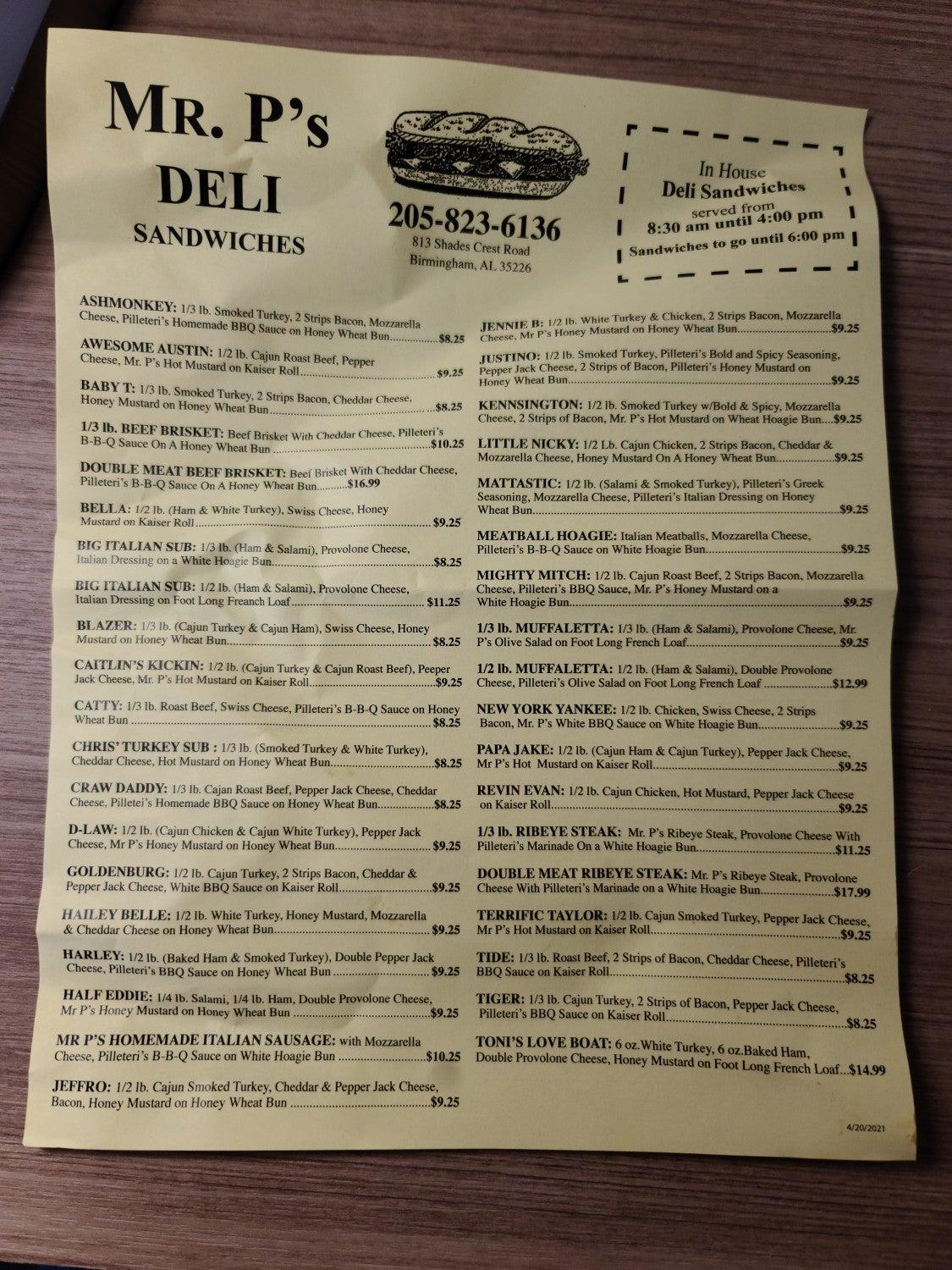 Menu at Mr. P's restaurant, Birmingham