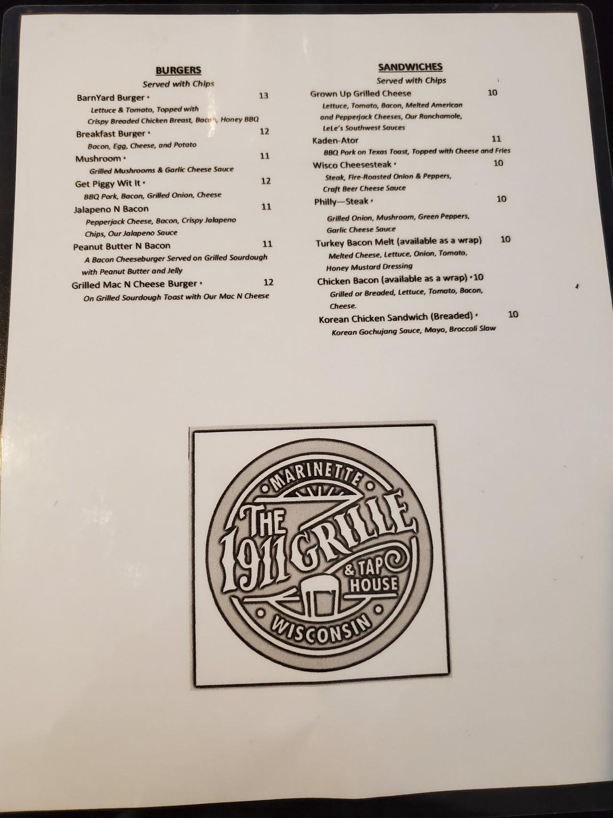 Menu at The 1911 Grille & Taphouse pub & bar, Marinette