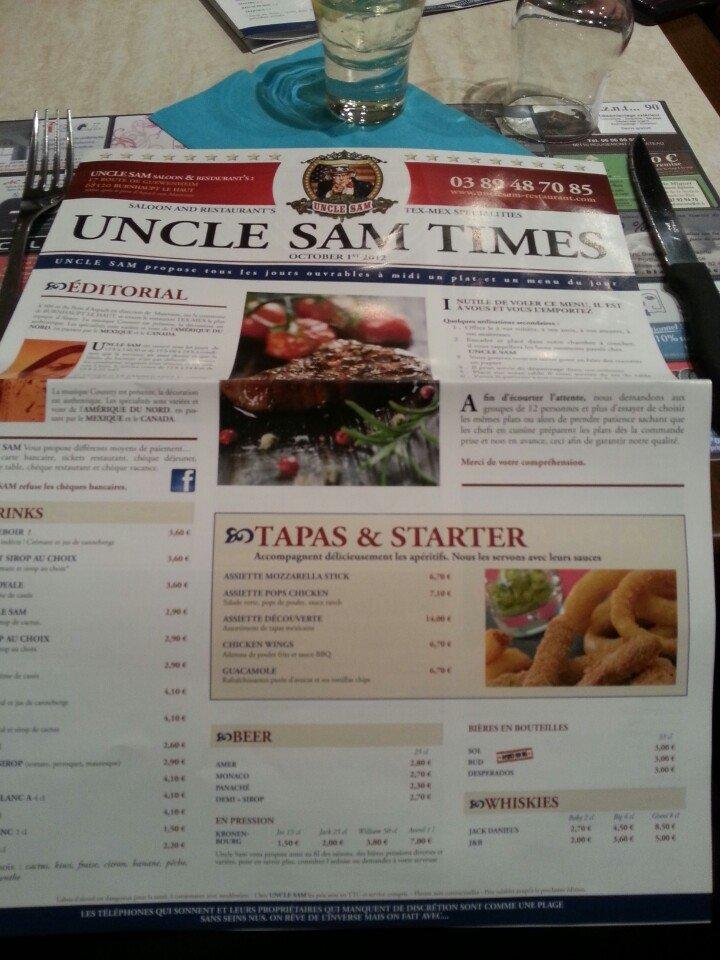 Menu at Uncle Sam restaurant, Burnhaupt-le-Haut