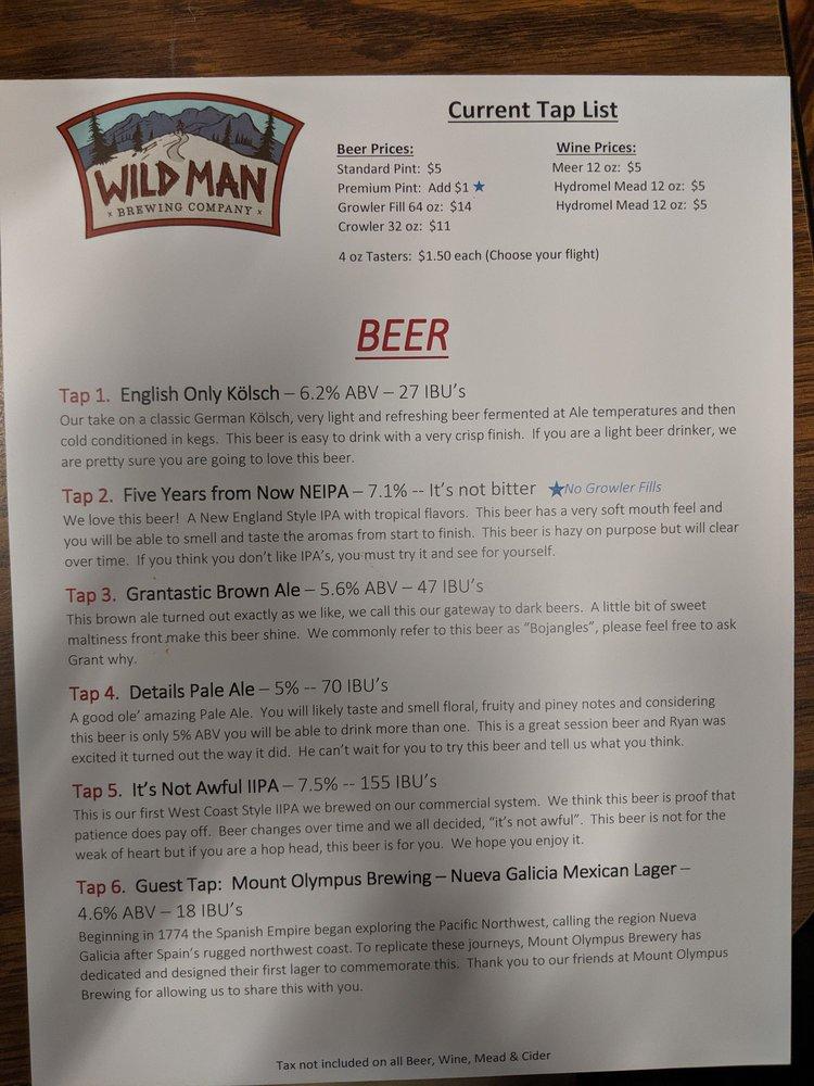 Menu at Wild Man Brewing Company restaurant, Raymond