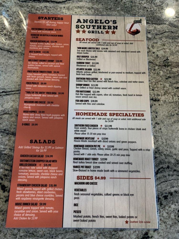 Menu at Angelo's Southern Grill restaurant, Naples