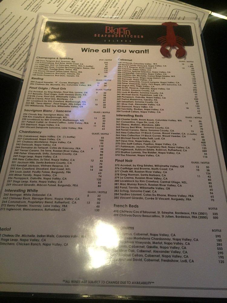 Menu at BigFin Seafood restaurant, Orlando