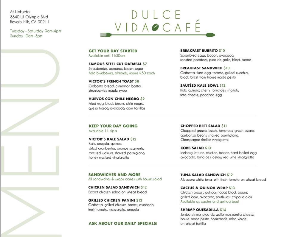 Carta de Dulce Vida Cafe, Beverly Hills