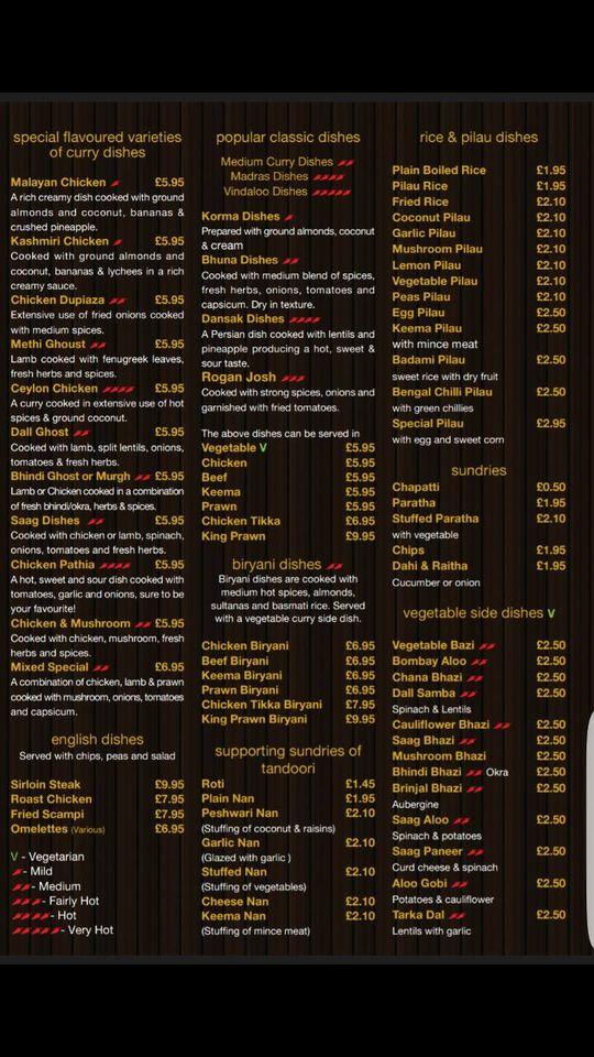 Menu at Haworth Tandoori restaurant, Haworth