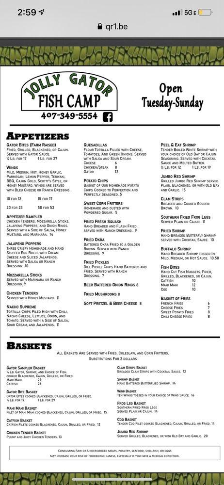 Menu at Jolly Gator Fish Camp restaurant, USA