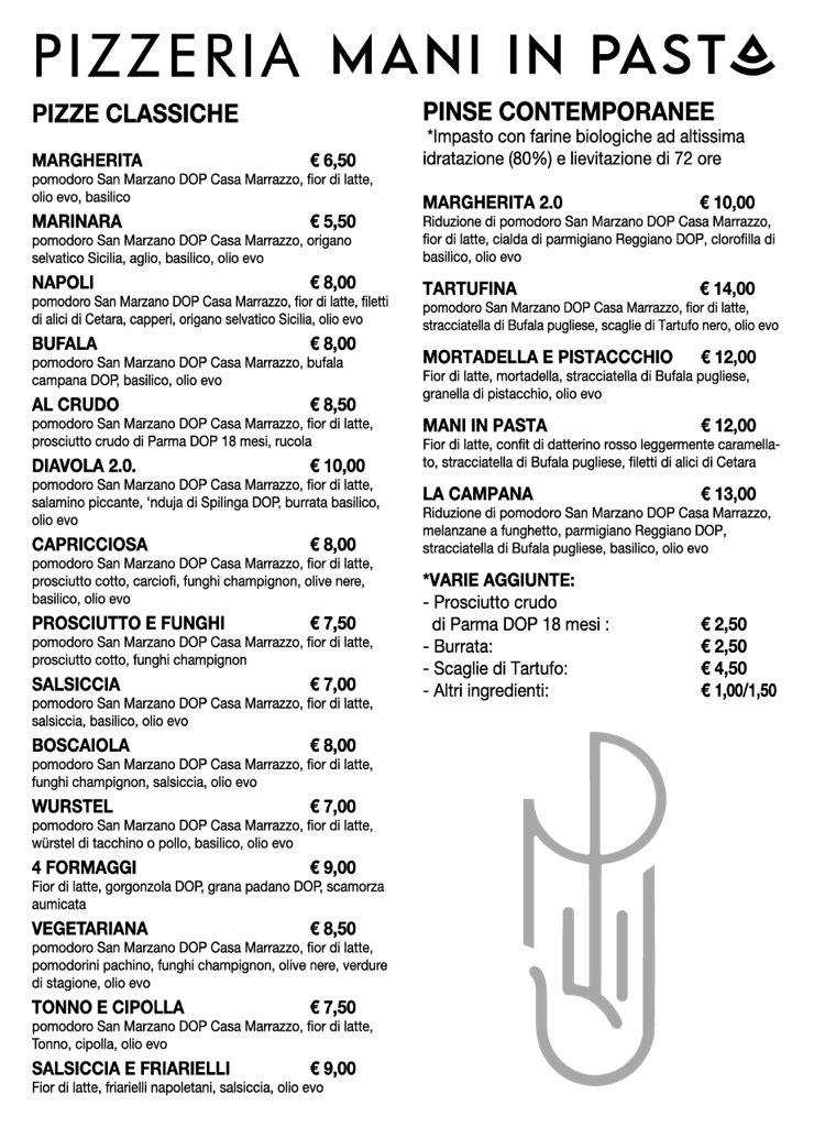 Menu at Mani In Pasta restaurant, Prato