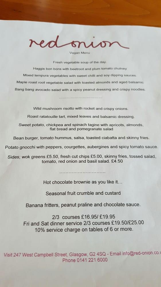 Menu at Red Onion pub & bar, Glasgow
