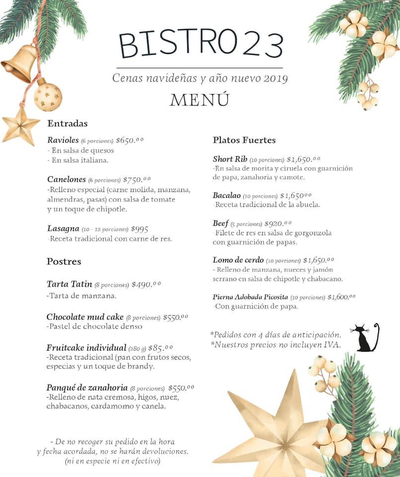 Menu at Bistro 23 restaurant, Tula, San Lorenzo 23