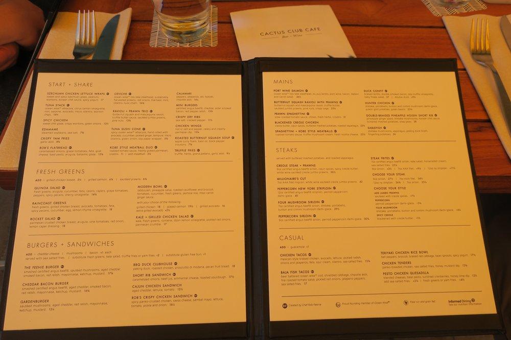 Menu at Cactus Club Cafe Coal Harbour, Vancouver