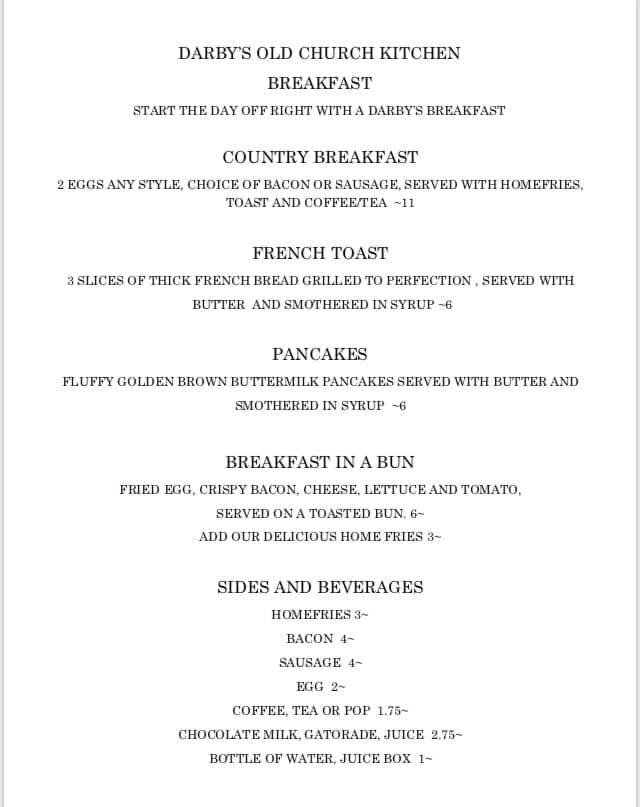 Menu at Darby's Old Church Kitchen restaurant, Canada, NS-223
