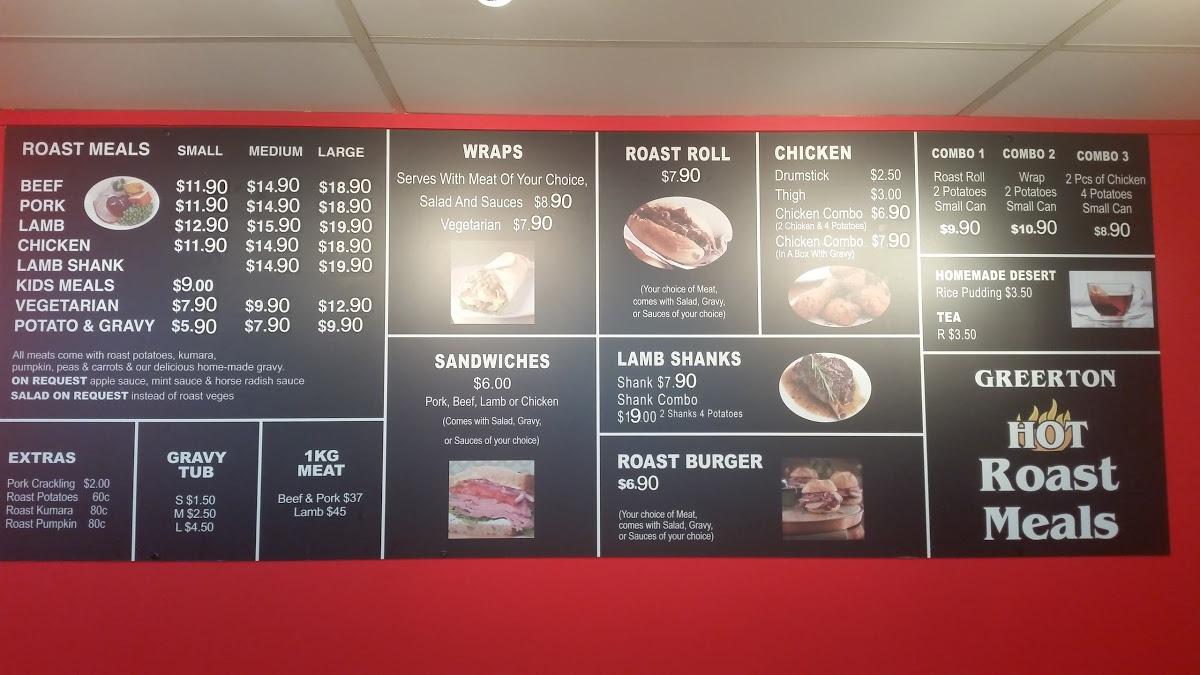 Menu at GREERTON ROAST MEALS restaurant, Tauranga