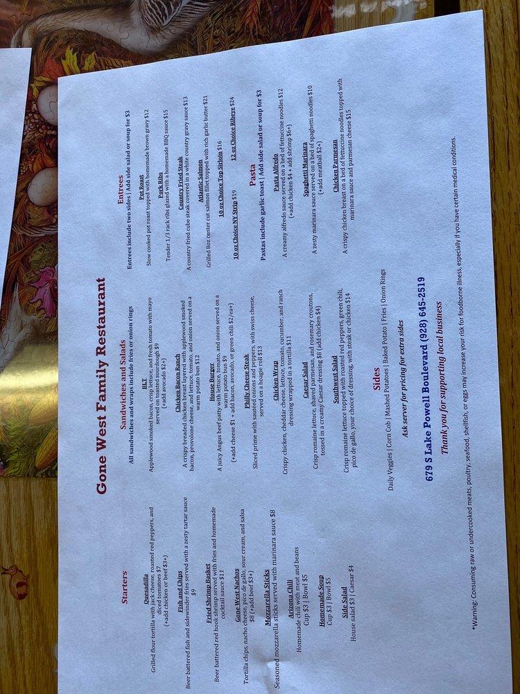 Menu at Gone West Family Restaurant, Page