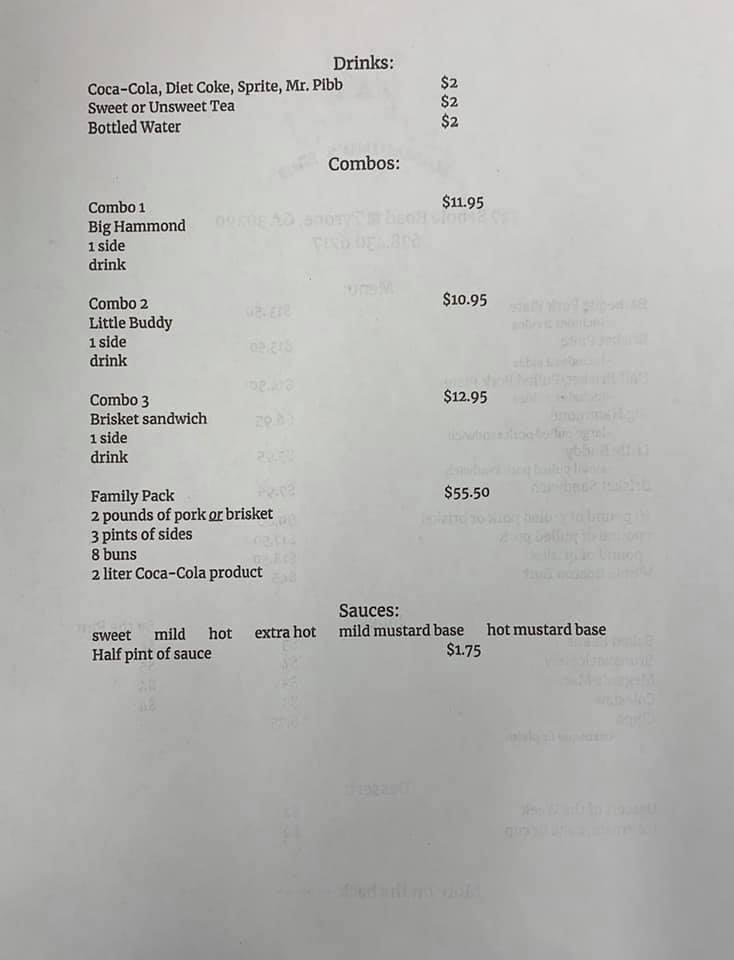 Menu at Hammond's BBQ, Tyrone