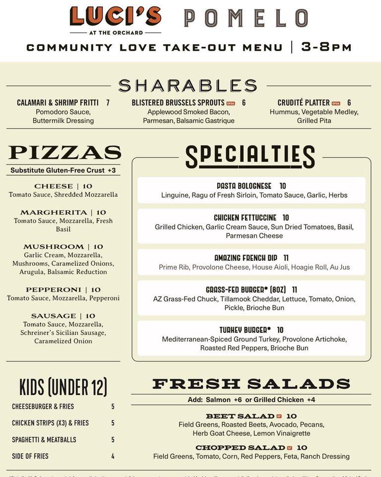 Menu at Luci's at the Orchard restaurant, Phoenix