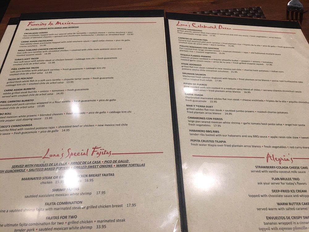 Menu at Luna Modern Mexican Kitchen restaurant, Rancho Cucamonga