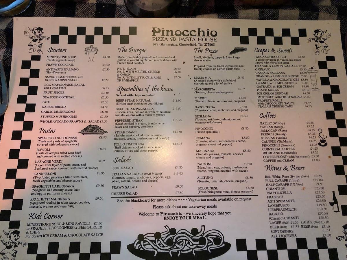 Menu at Pinocchio House restaurant, Chesterfield