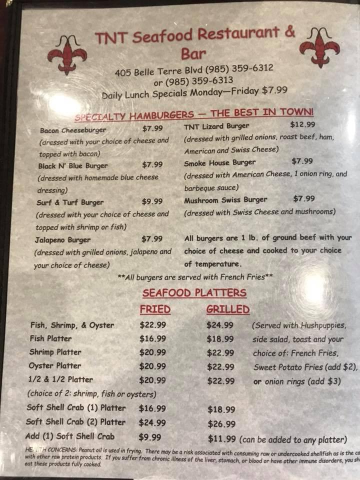 Carta de TNT Seafood Bar, LaPlace