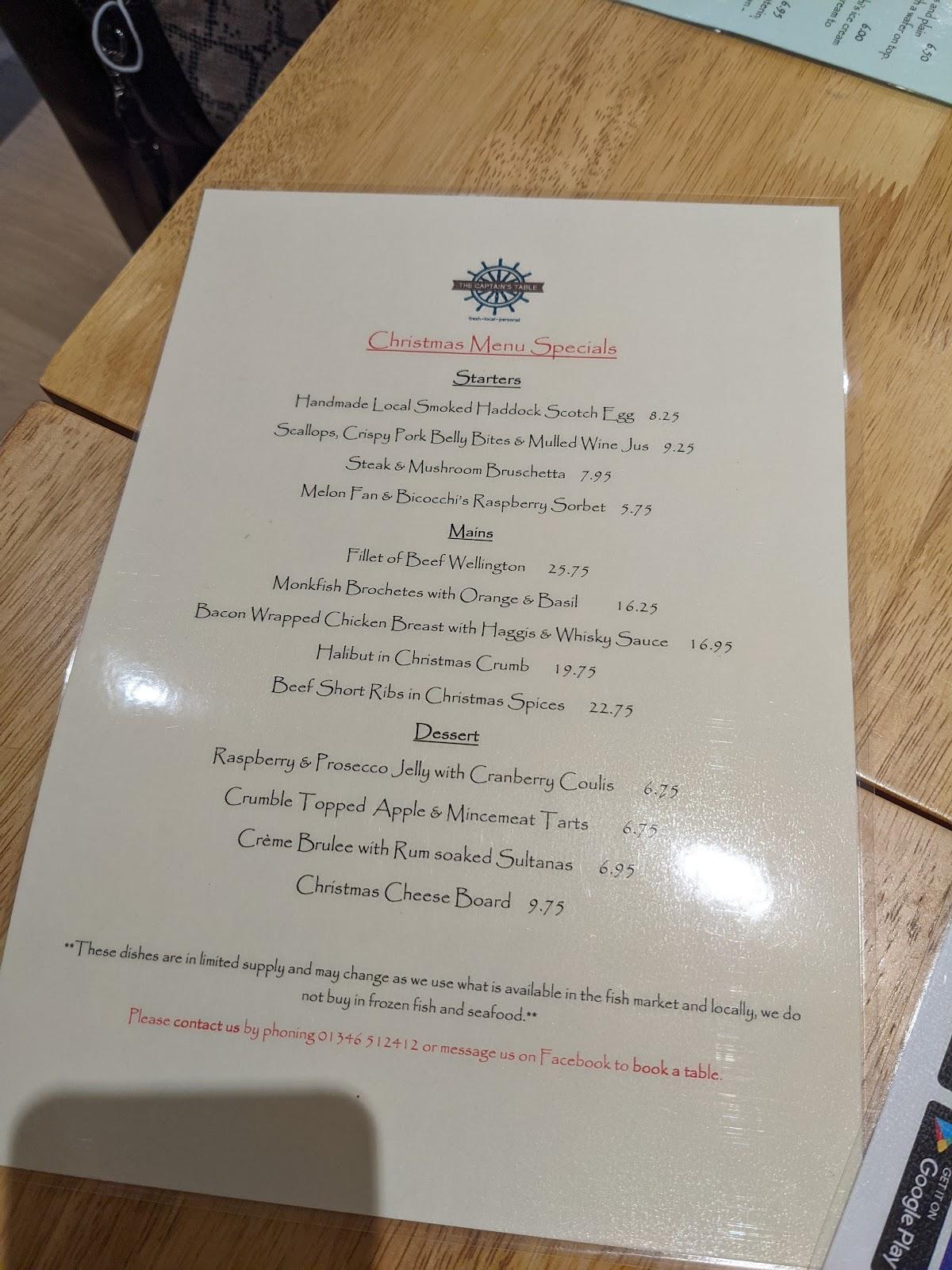 Menu at The Captain's Table restaurant, Fraserburgh