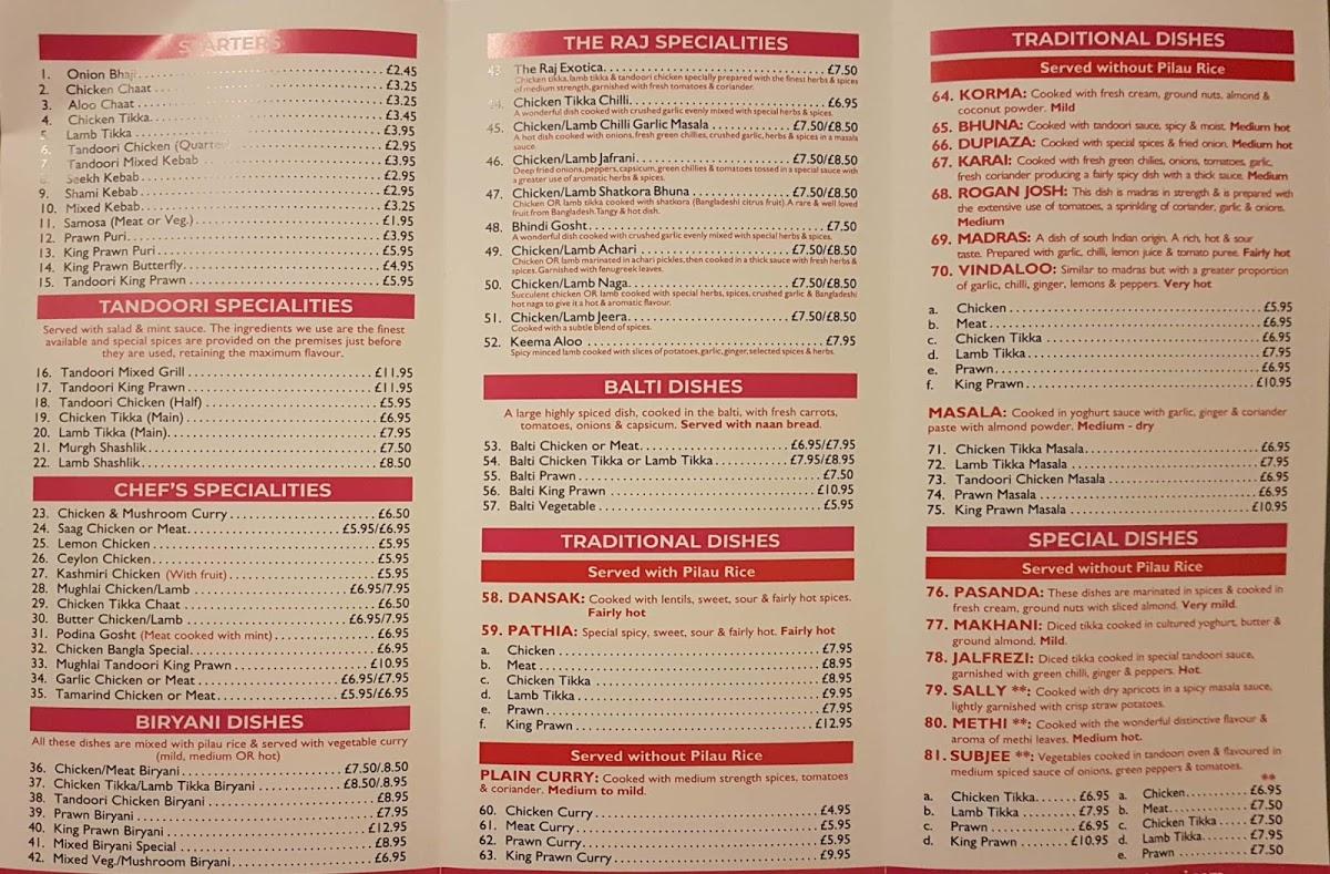 Menu at The Raj restaurant, Southampton
