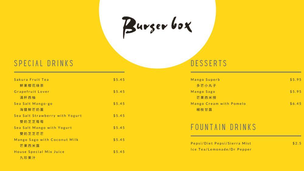 Menu at Burger Box, Irvine