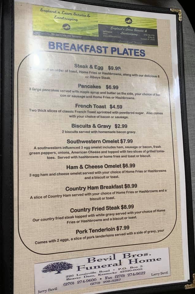 Menu at Cafe at the Dam, Beaver Dam