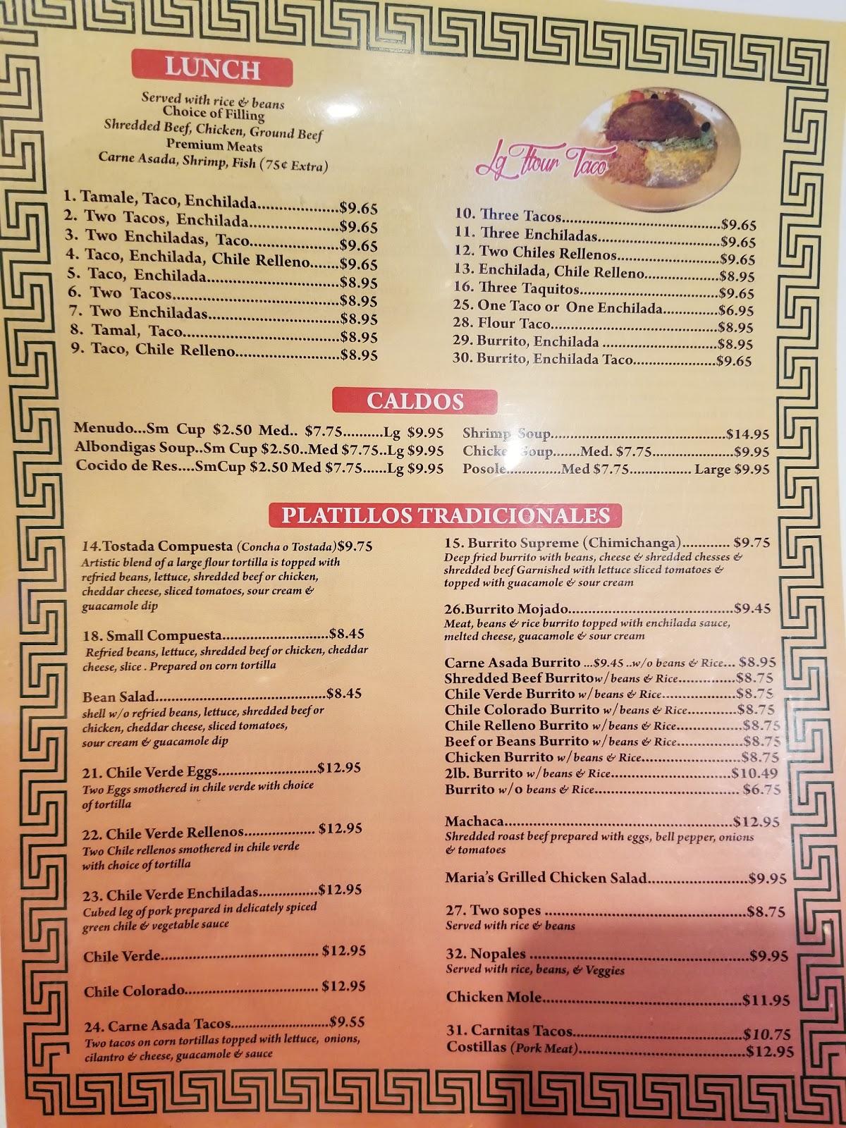 Menu at Casa Maria restaurant, Clovis