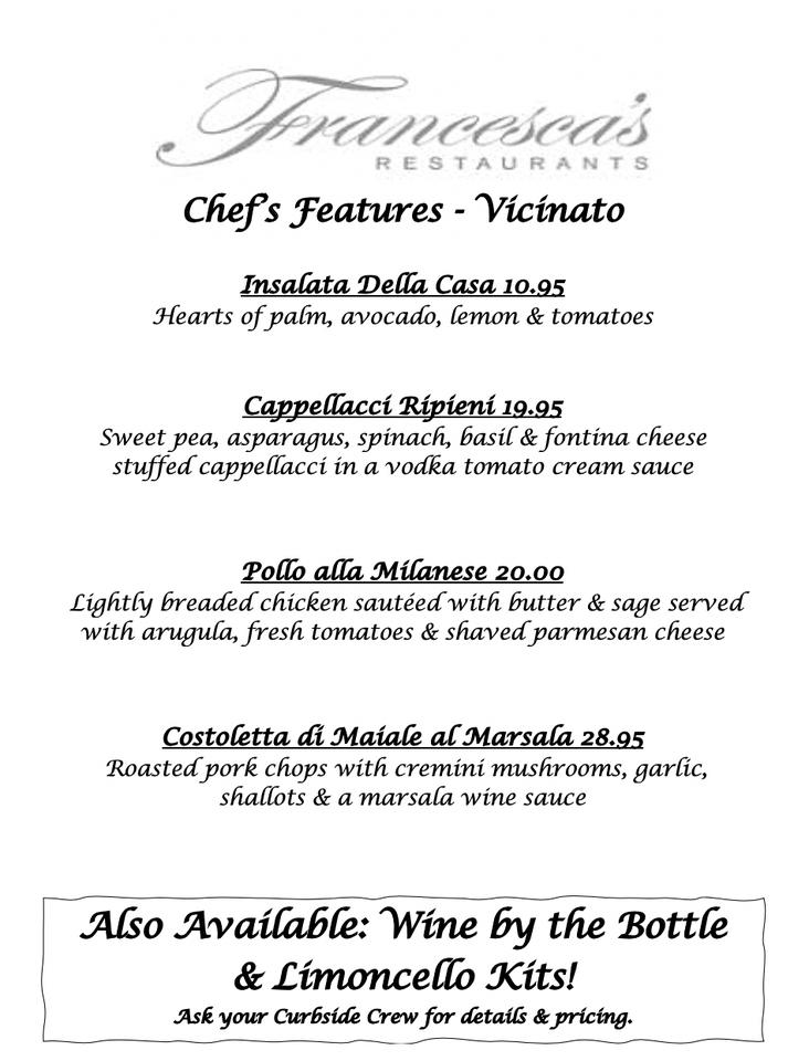 Menu at Francesca's Vicinato restaurant, Palos Park