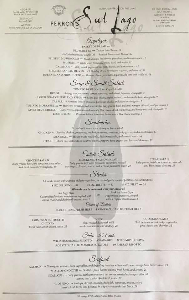 Menu at Perron's Sul Lago pub & bar, Prior Lake