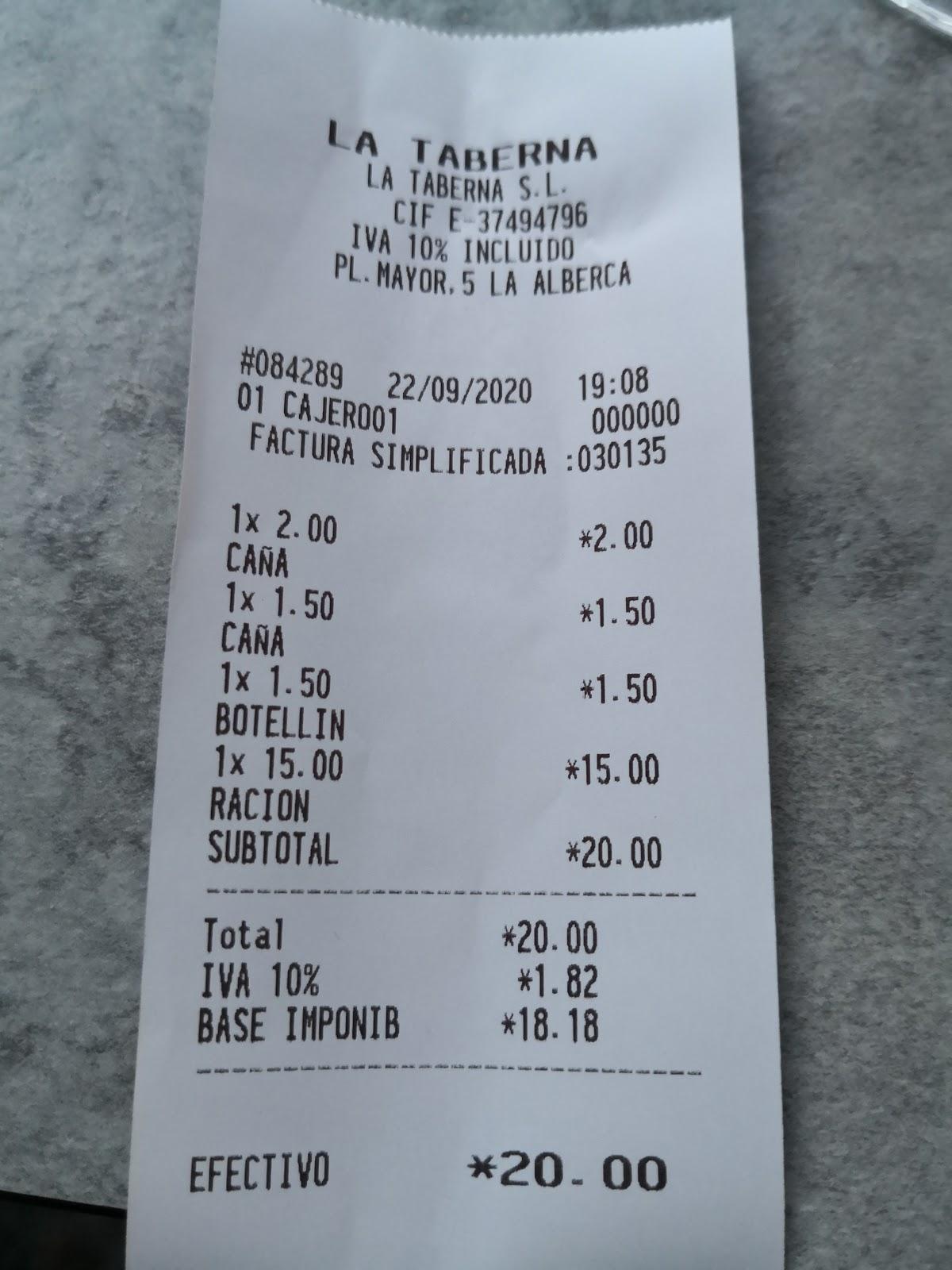 Carta de Restaurante La Taberna, La Alberca