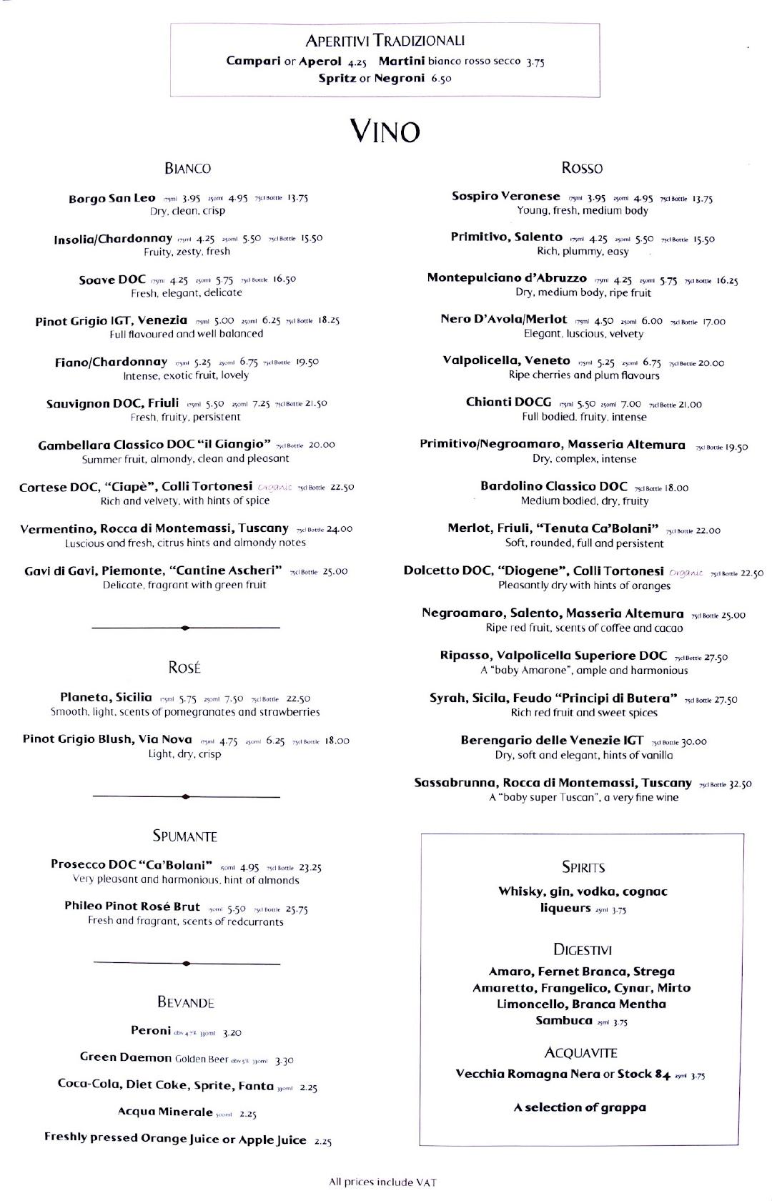 Menu at Rocca restaurant, London, 73 Old Brompton Rd