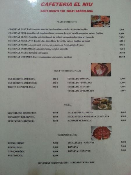 Menu at Cafeteria El Niu, Barcelona