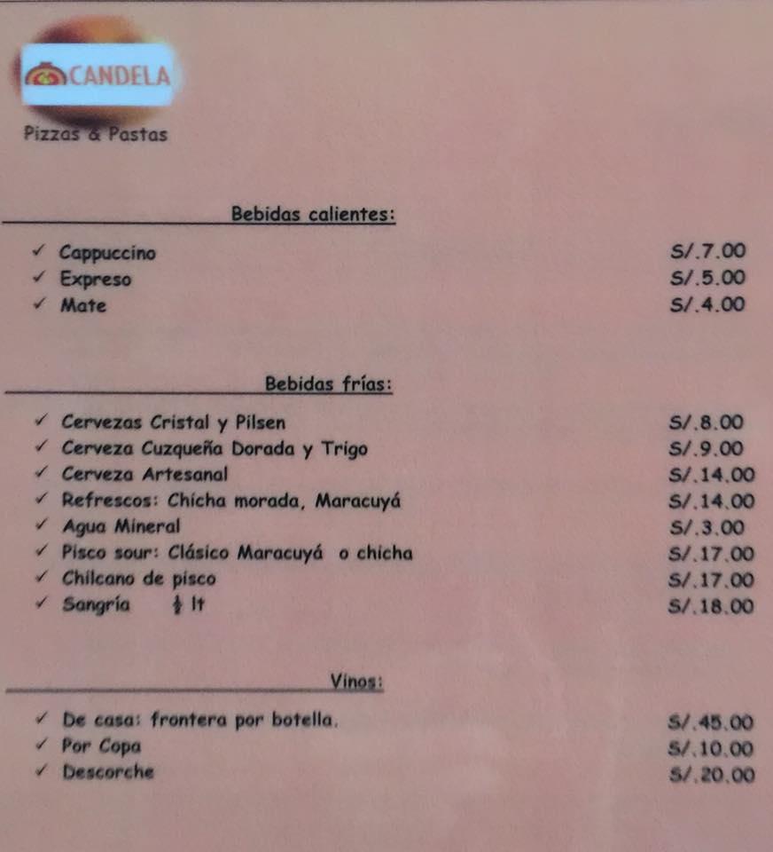 Menu at Candela restaurant, Chachapoyas