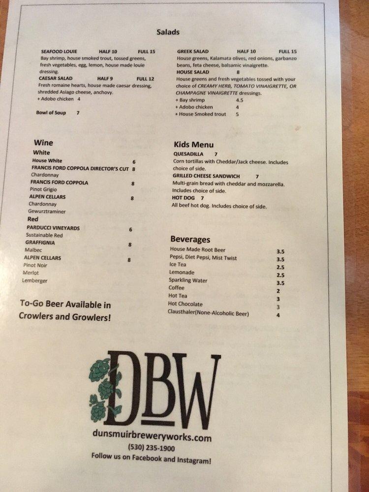 Menu at Dunsmuir Brewery Works pub & bar, Dunsmuir