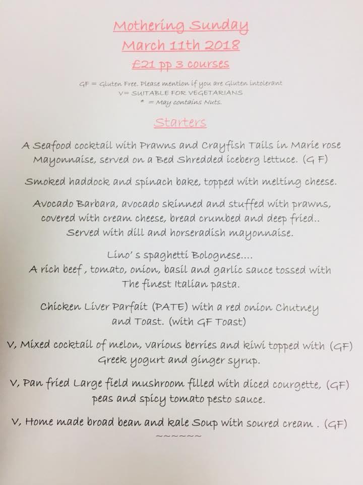 Menu at Lino's Restaurant, Hoylake