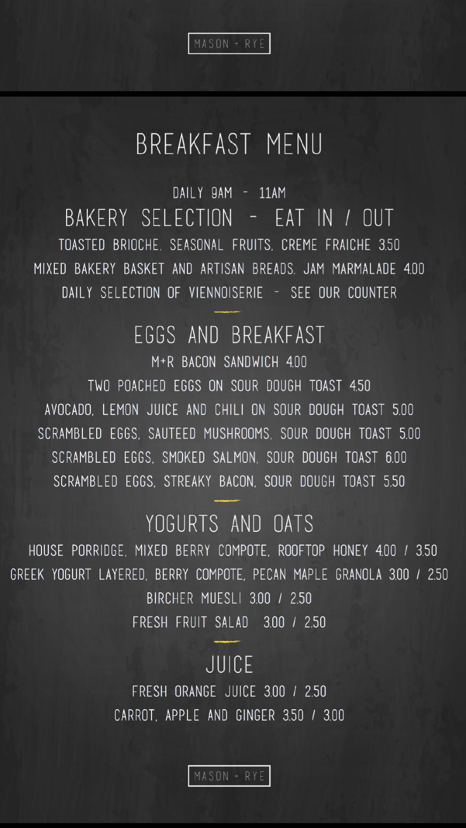 Menu at Mason + Rye cafe, Newcastle upon Tyne