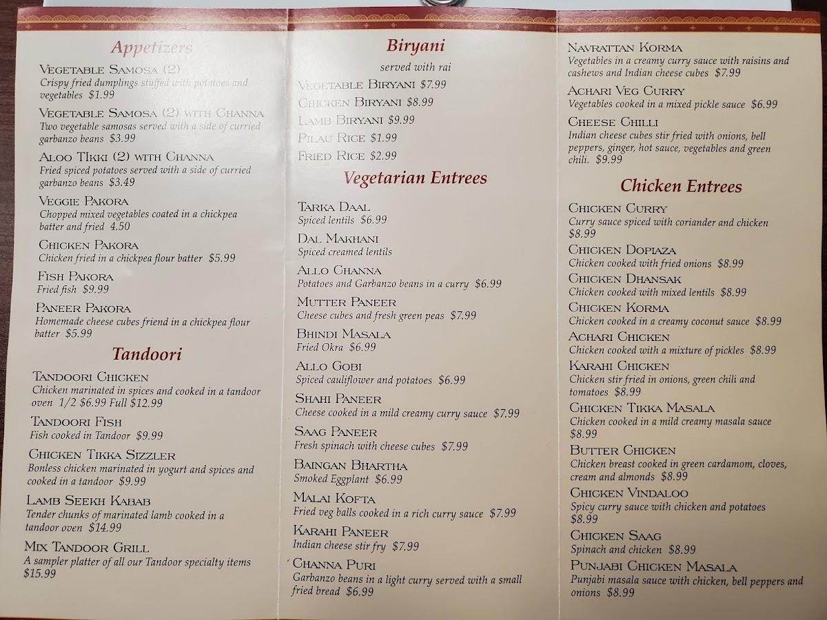 Menu at Mother India Cuisine restaurant, Ceres