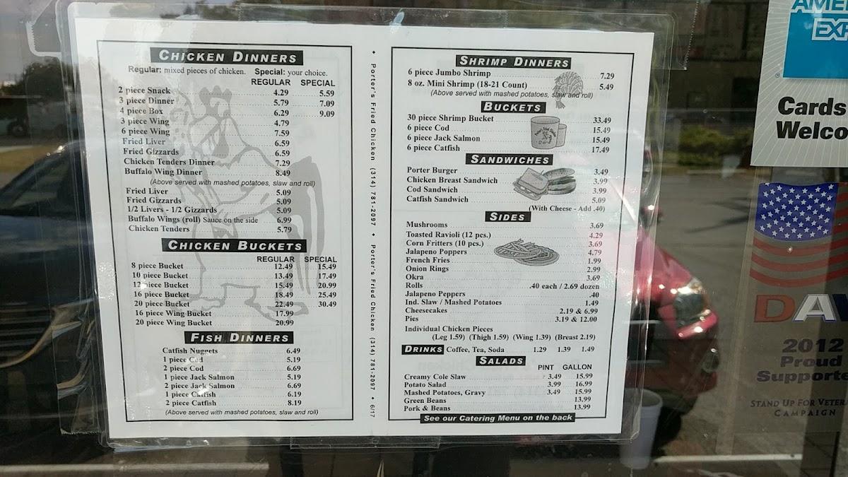 Menu at Porter's Fried Chicken restaurant, Maplewood
