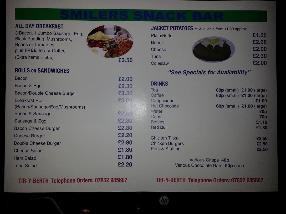 Menu at Smiler's Catering cafe, Hengoed