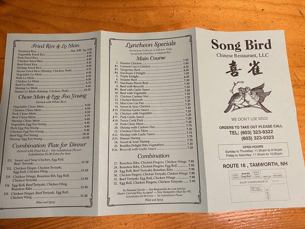 Menu at Songbird restaurant, Tamworth